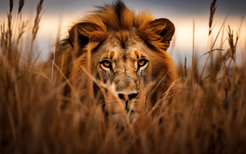 Lion Lying in Wait in the Tall Grass Stock Illustration - Illustration ...