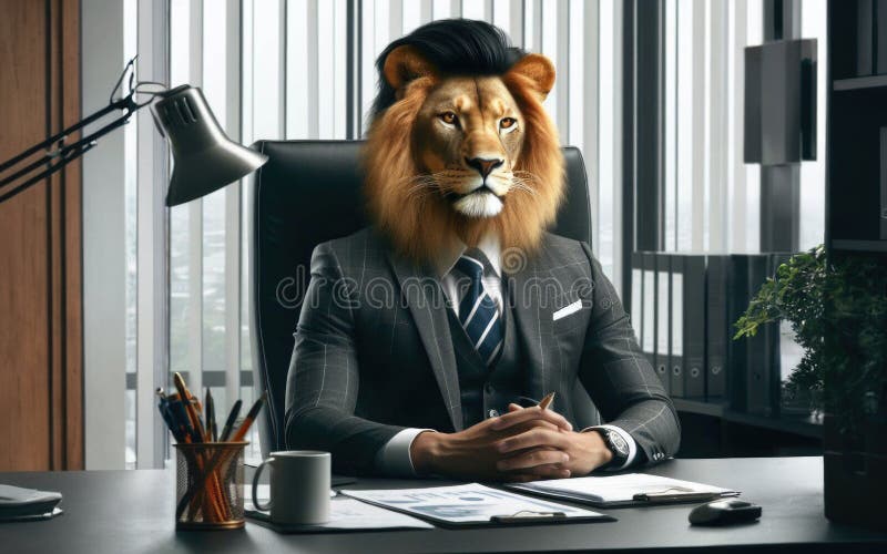 Lion Manager in a Suit Sitting in the Office Stock Illustration ...