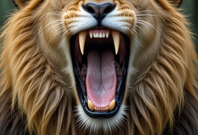 Lion with Mane, Open Mouth Sharp Teeth. Stock Photo - Image of feline ...