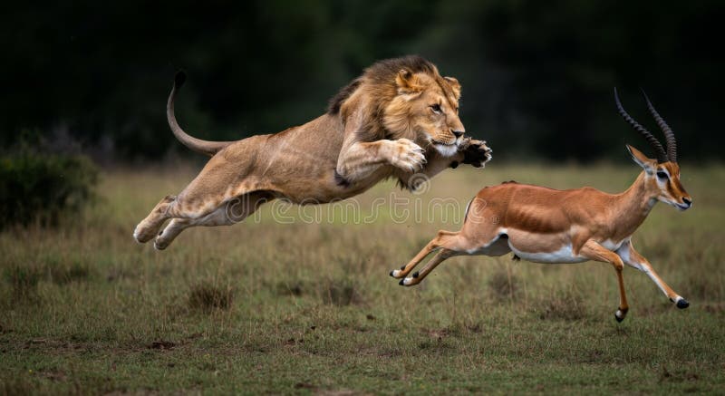 Lion in Mid-air Chase of Springbok on African Savannah Stock Image ...