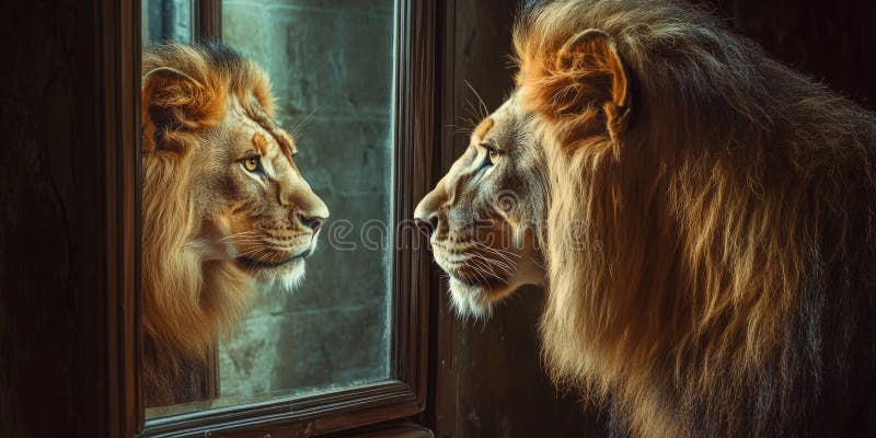 Lion in Mirror stock photo. Image of mirror, domestic - 388277338