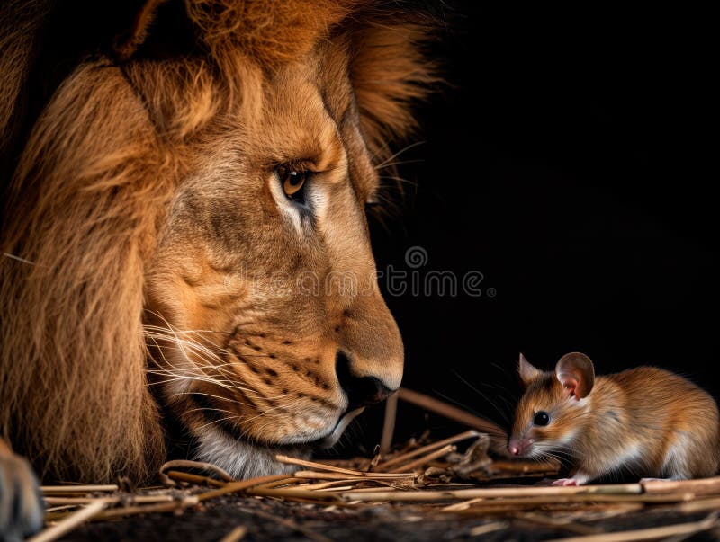 A Lion and a Mouse are Seen Close Together on the Ground Stock Photo ...