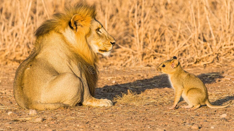 A Lion and a Mouse Stare at Each Other Curiously Stock Image - Image of ...
