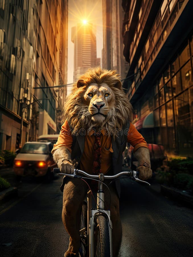 Lion on the Move: a Fearless Lion Taking the Streets on a Bicycle Stock ...