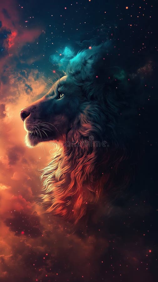 Lion in the Night Sky with Red Clouds. Fantasy Illustration Stock ...
