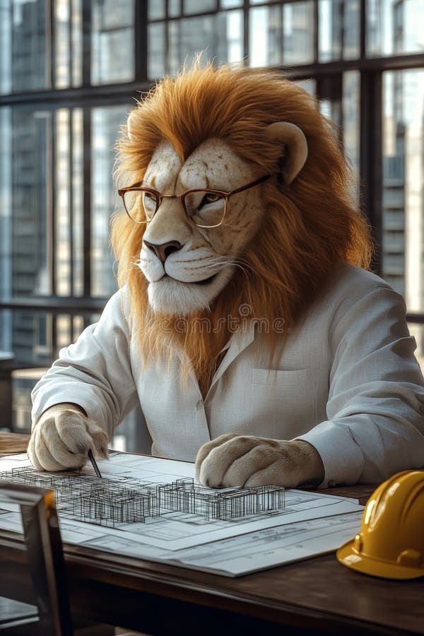 Lion in Office Attire Working on Blueprints Stock Illustration ...