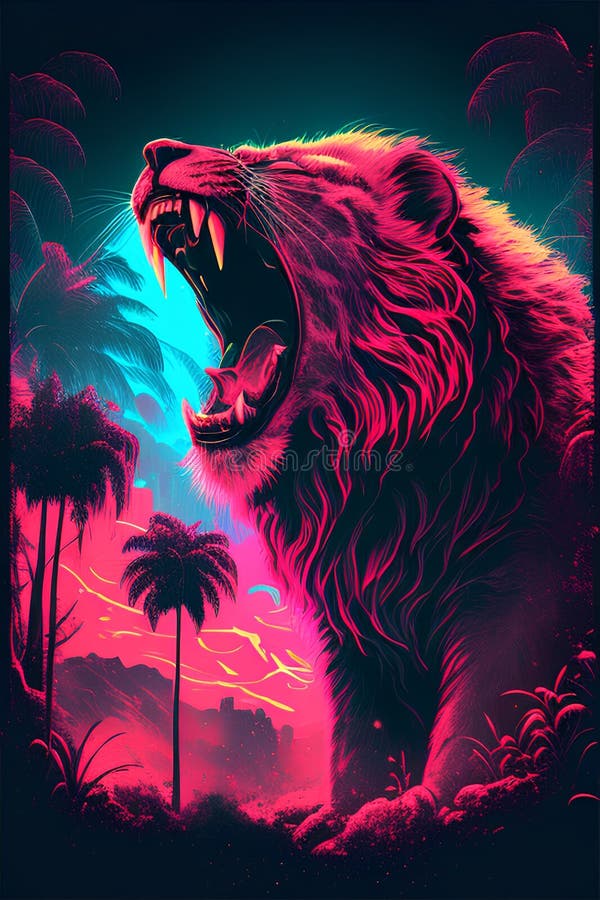 Lion and Palm Trees in the Night. Vector Illustration for Your Design ...