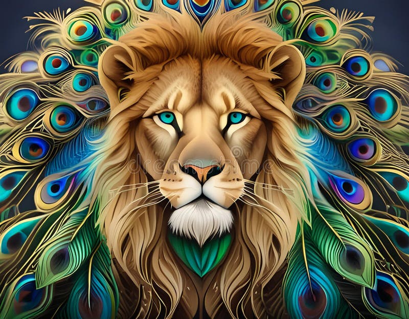 A Lion with a Peacock Feather on Its Head Stock Illustration ...