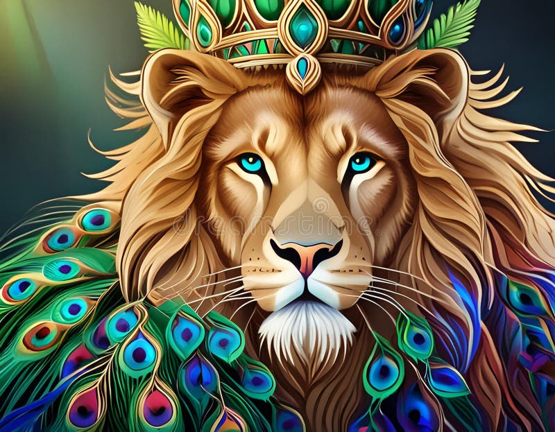 A Lion with a Peacock Feather on Its Head Stock Illustration ...