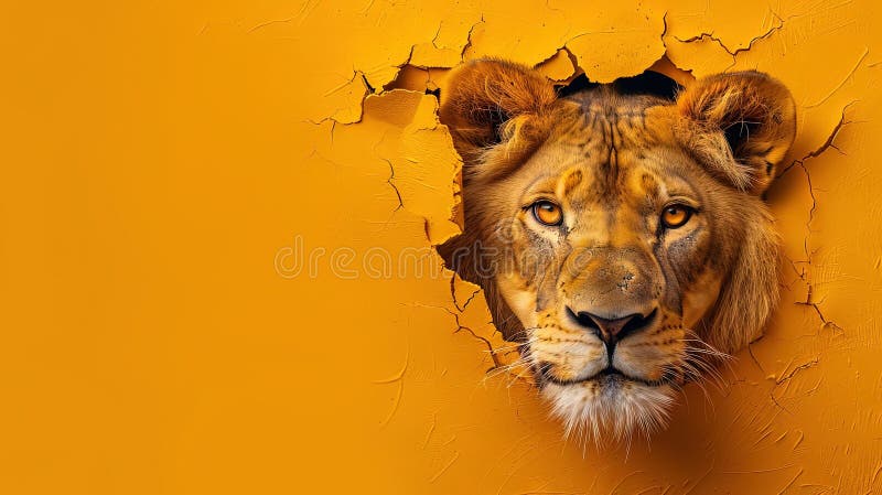 Lion Peeking Out of a Hole in the Wall Torn Hole Empty Copy Space Frame ...