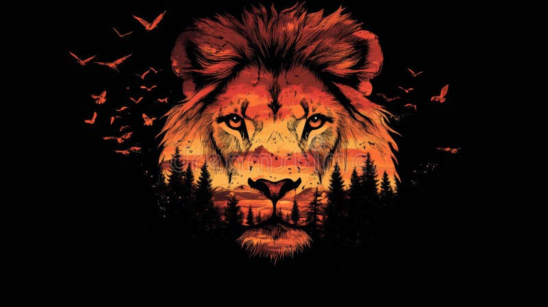 Lion Portrait with Fiery Forest and Birds Stock Image - Image of ...