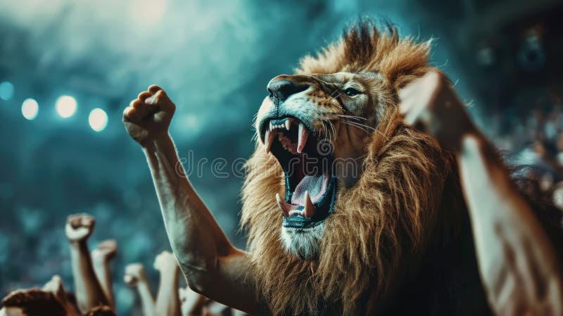 A Lion Poses in Front of an Audience, Its Mouth Open Stock Image ...