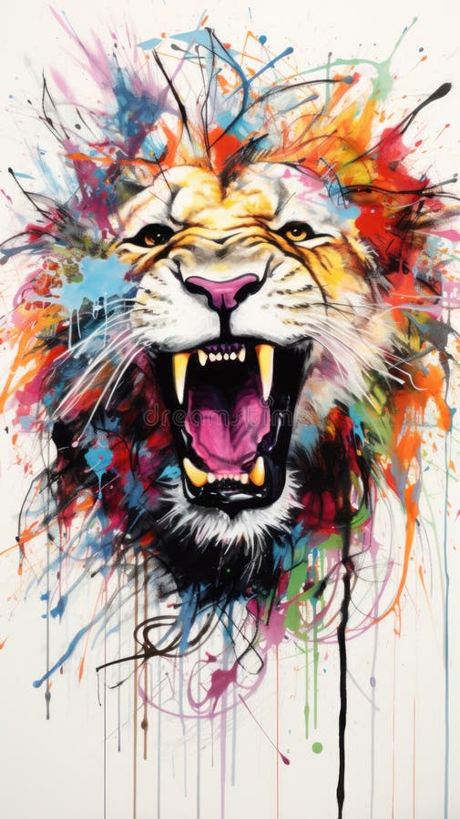 Lion Poster Painted with Bright Splashes of Paint. Stock Image - Image ...