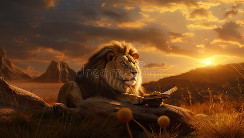 Lion Reading a Book in the Mountains at Sunset Stock Illustration ...