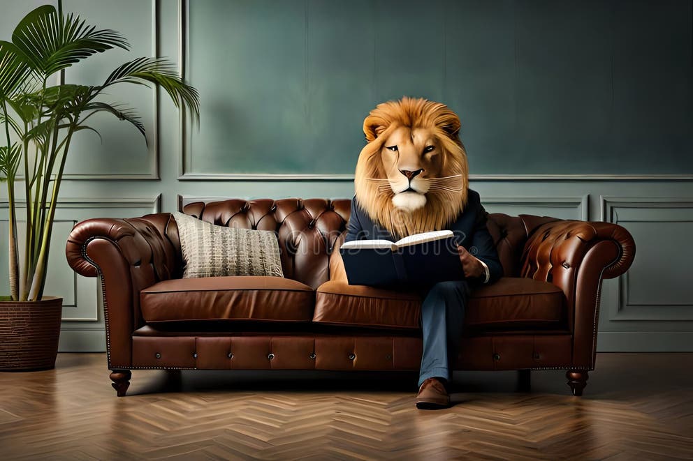 Lion Reading Book on Sofa, Learning and Knowladge Concept. Generative ...