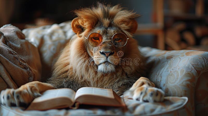 Lion Reading a Book stock illustration. Illustration of thoughtful ...