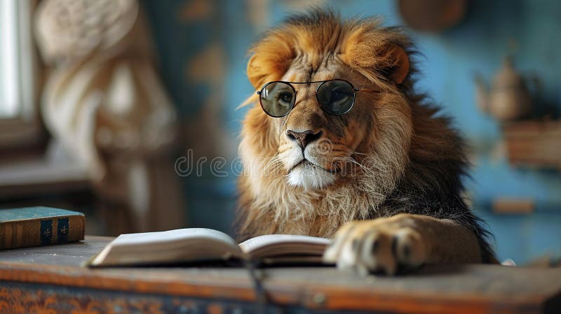 Lion Reading a Book stock illustration. Illustration of portrait ...
