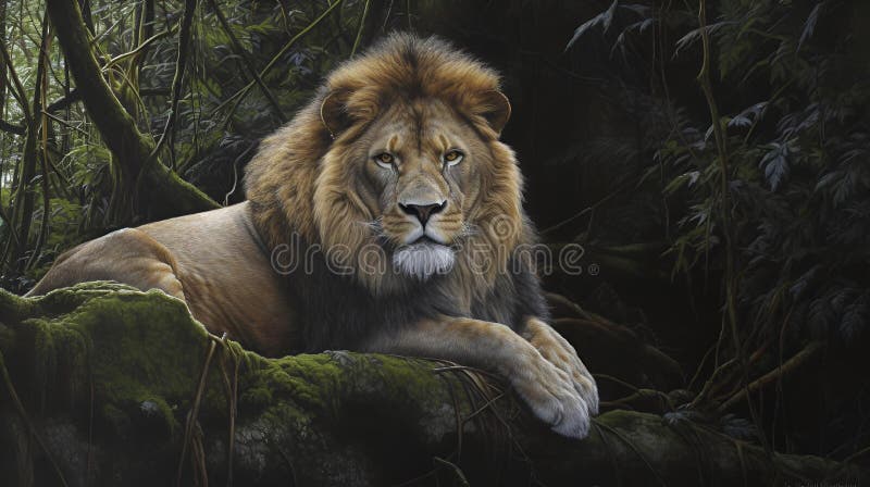 Lion Reclining on a Tree Branch, AI-generated. Stock Illustration ...