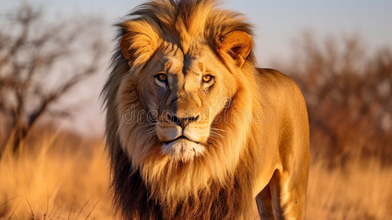 A Lion with a Regal Expression and a Thick Mane Looks into the Camera ...