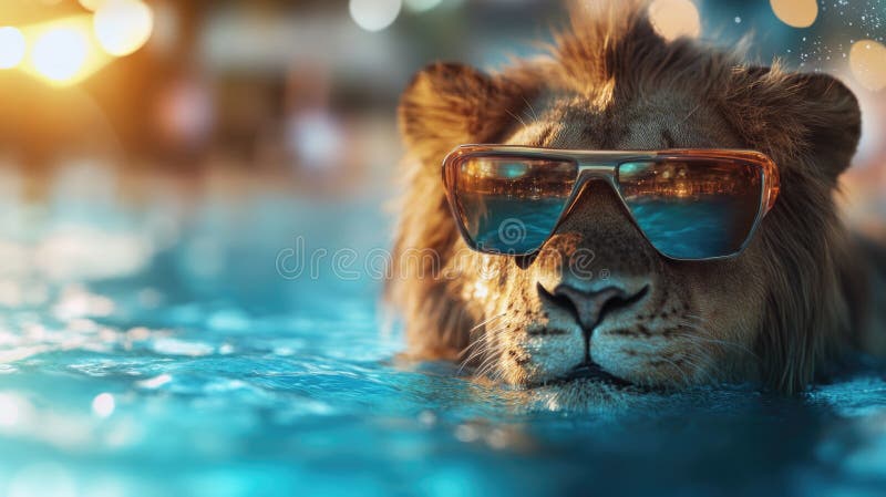 Lion Relaxing in Pool with Sunglasses Under Sunlight Stock Photo ...