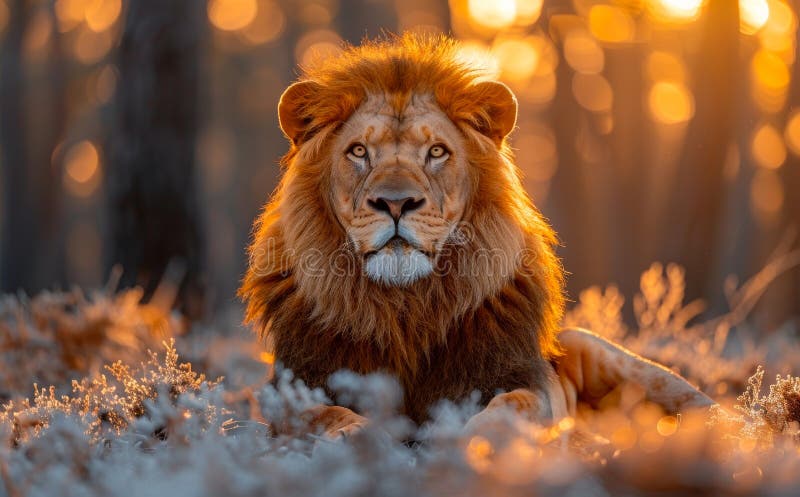 Lion Resting in Golden Light. a Lion Rests in a Field of Golden Light ...