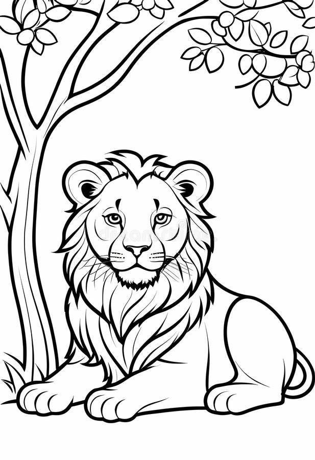Lion Resting Under Tree Coloring Page with Large Branches and Grass ...