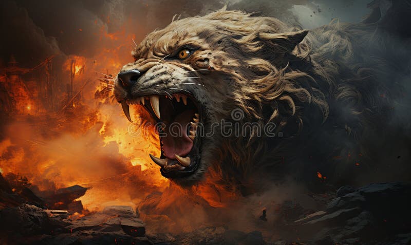 Lion Roaring in Front of Fire Stock Image - Image of apex, intense ...