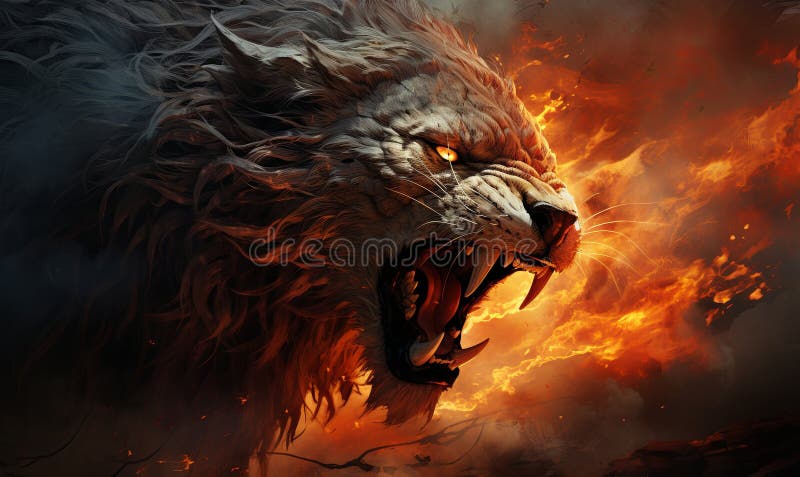 Lion Roaring in Front of Fire Stock Photo - Image of danger, burning ...