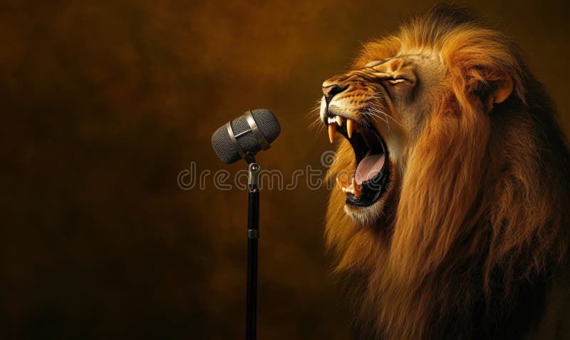Lion Roaring into Microphone, Powerful Expression, Dramatic Lighting ...