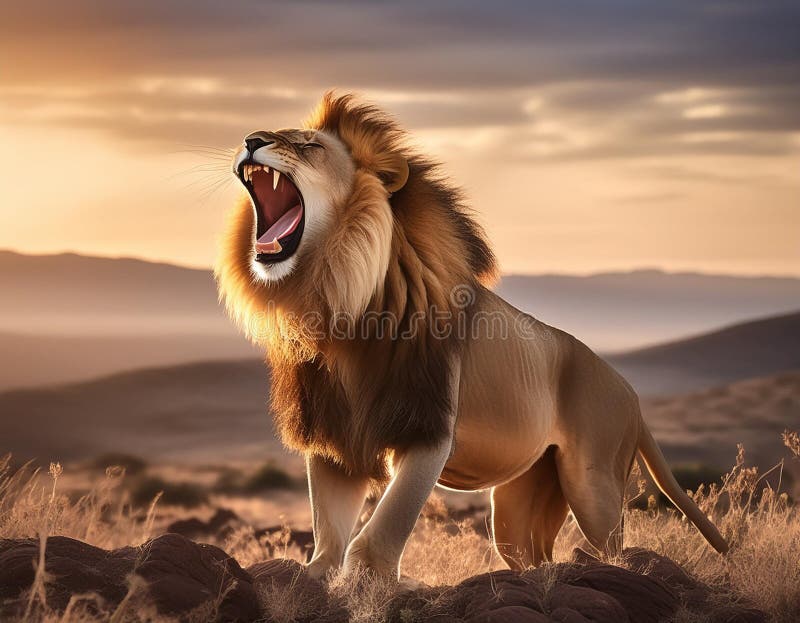 Lion Roaring in Savanna Landscape: Dramatic Wildlife Scene Stock Photo ...