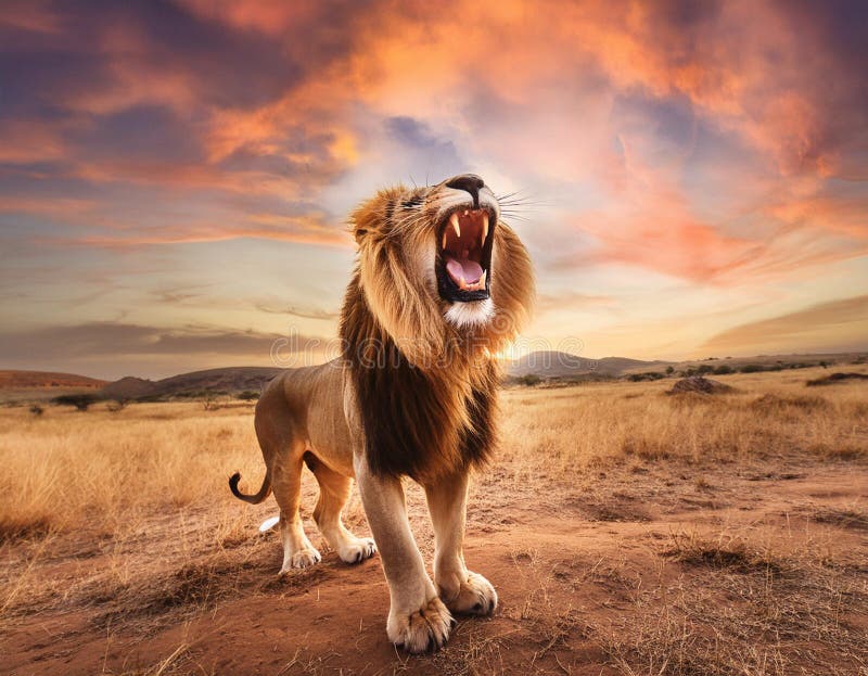 Lion Roaring in Savanna Landscape: Dramatic Wildlife Scene Stock Photo ...