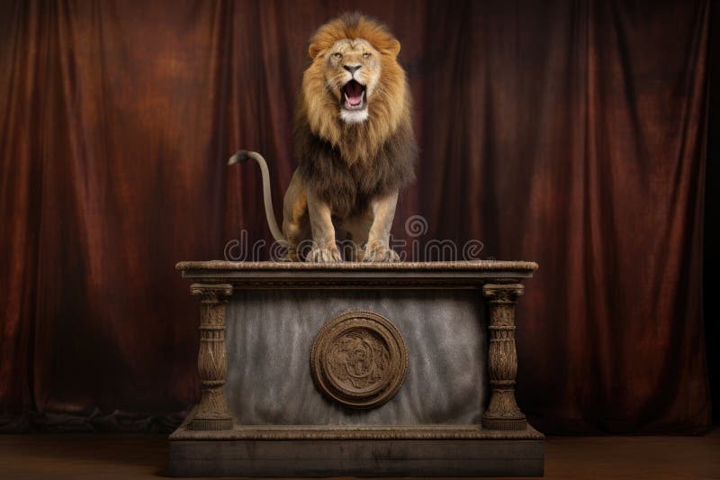 A Lion Roaring while Standing on a Podium, Demonstrating Its Power ...