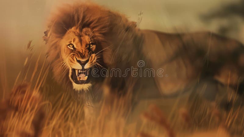 A Lion is Roaring in the Tall Grass of a Field, AI Stock Image - Image ...
