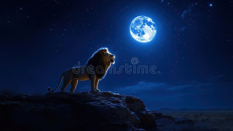 Lion Roaring Under Full Moon in Night Sky Stock Illustration ...