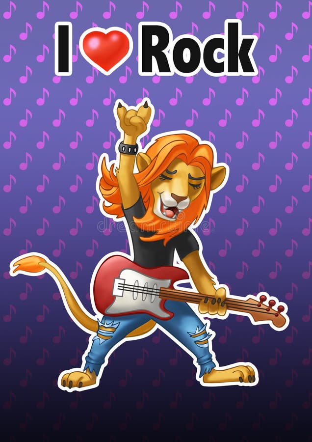 Lion rocker with a guitar stock illustration. Illustration of cute ...