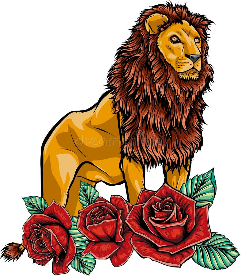 Lion with Roses and Leaves Illustration. Stock Vector - Illustration of ...