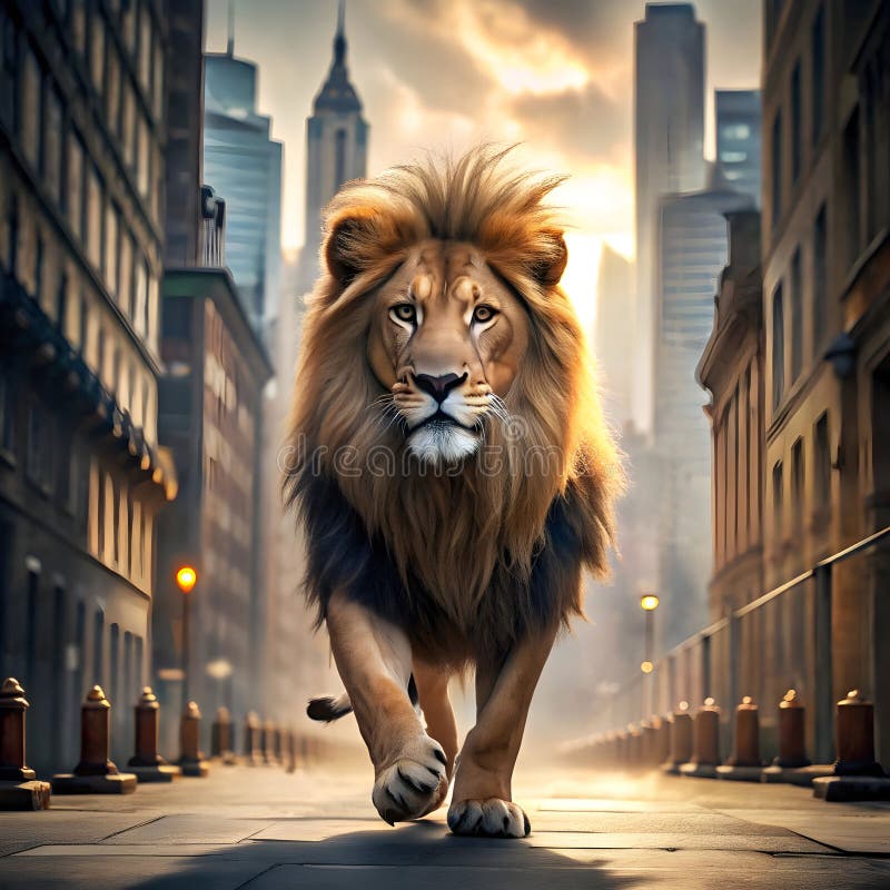 Lion run in city stock illustration. Illustration of running - 340074322