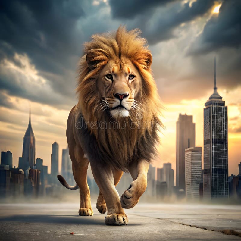 Lion run in city stock illustration. Illustration of management - 340074327