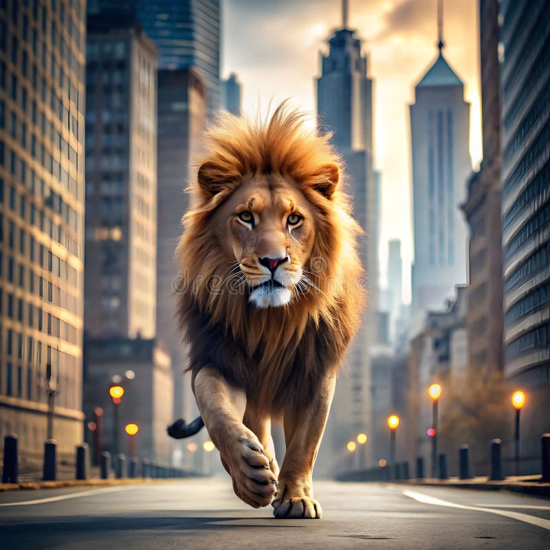 Lion run in city stock illustration. Illustration of rain - 340074339