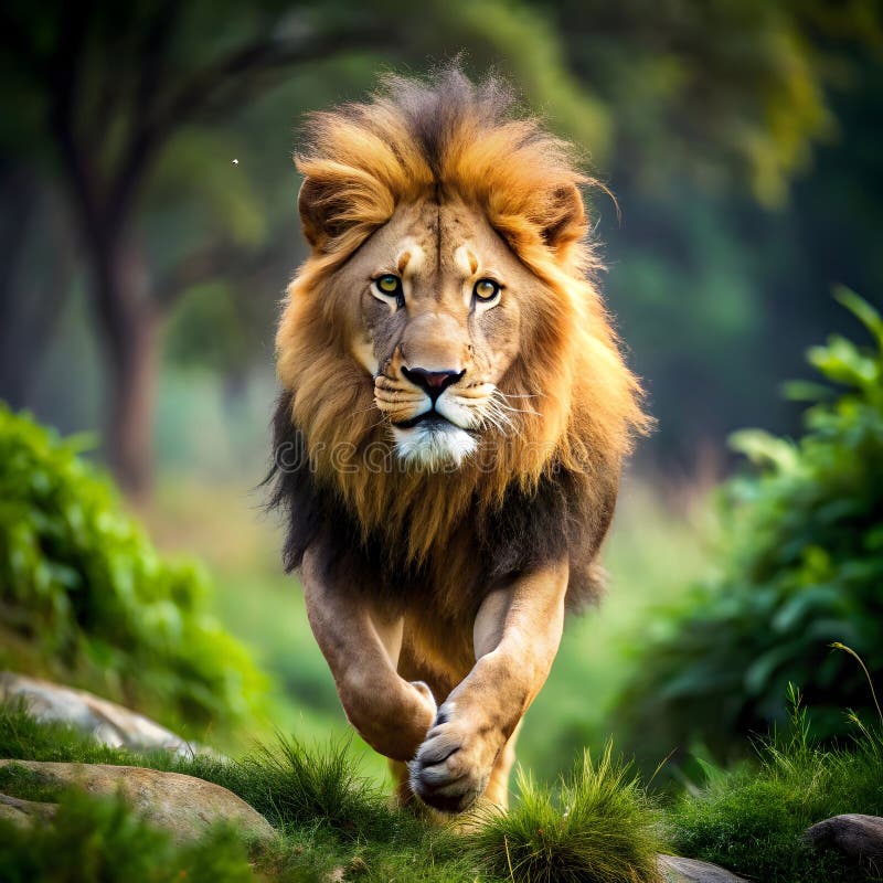 Lion run in jungle stock illustration. Illustration of animal - 340074357