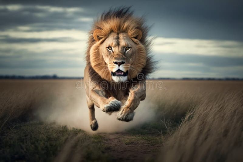 Lion Running on Camera on African Savannah. Generative AI Stock ...