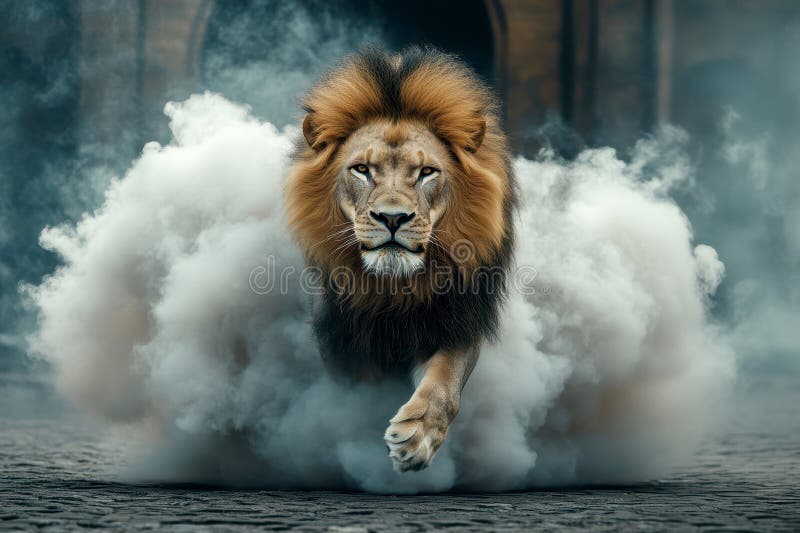 A Lion is Running through a Cloud of Dust Stock Image - Image of ...