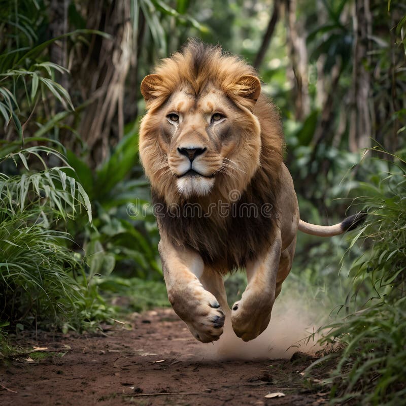 Lion running in jungle stock illustration. Illustration of people ...