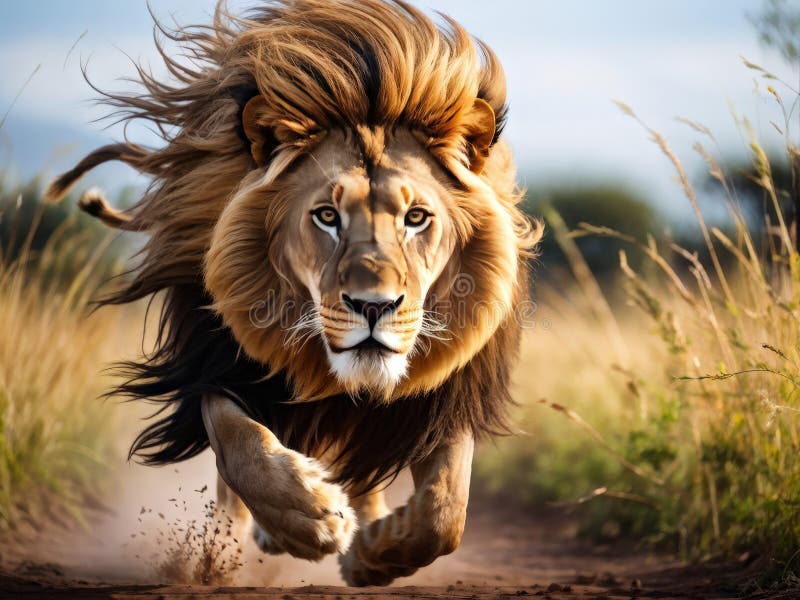 Lion running in the wild stock illustration. Illustration of mane ...