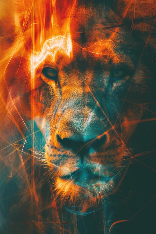 A Lion S Face is Shown in a Photo with an Orange Filter, AI Stock Image ...
