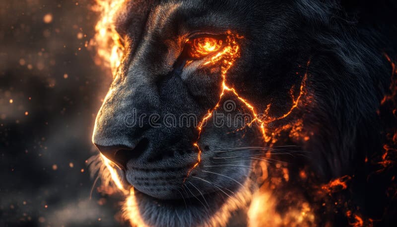 Fierce Lion S Face Illuminated by Fiery Patterns Amidst a Dark ...
