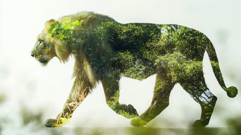 The Lion S Footsteps a Double Exposure of a Lion and Lush Greenery ...