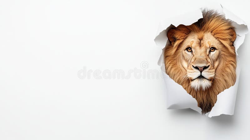 Lion S Head Bursting through Paper; White Background; Advertising Stock ...