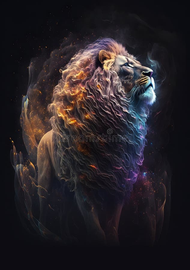 A Lion S Head Connected To a Galactic Nebula. a Lion on a Black ...