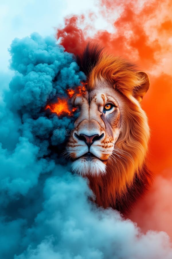 A Lion in the Clouds with a Fire in Its Mouth Stock Photo - Image of ...